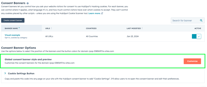 HubSpot's new cookie banner customization options